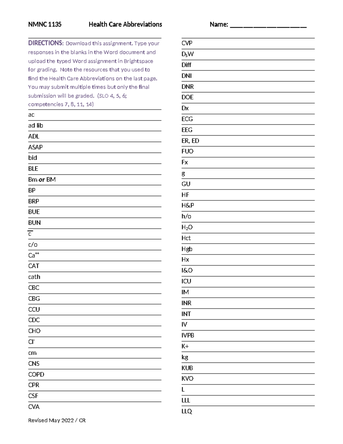 Health Care Abbreviations Assignment - Due 9-21-22 - NMNC 1135 Health ...
