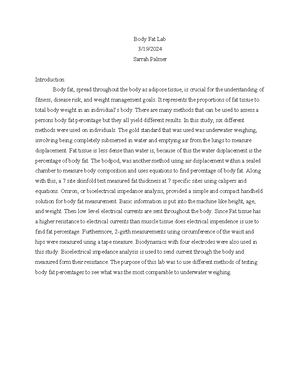 Exercise Physiology - Lab Report 3 Final - Introduction Body fat is the ...