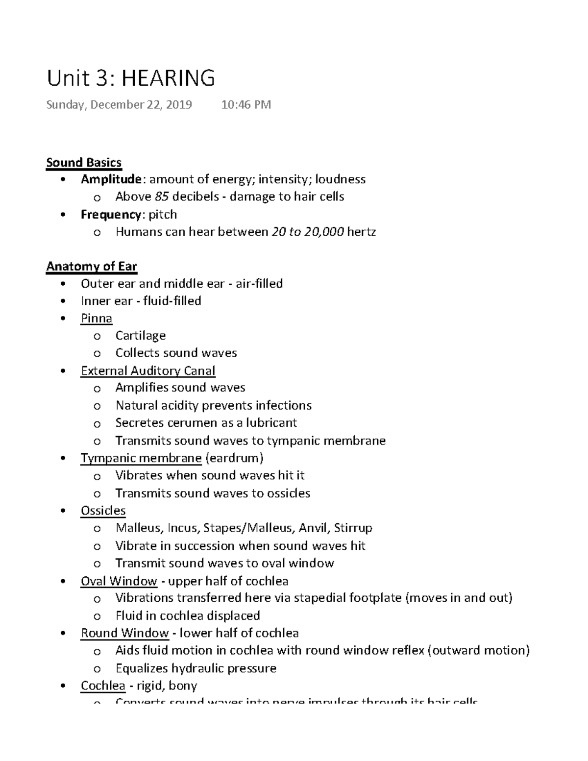 Unit 3 Hearing-1 - Medical notes - Sound Basics Amplitude: amount of ...