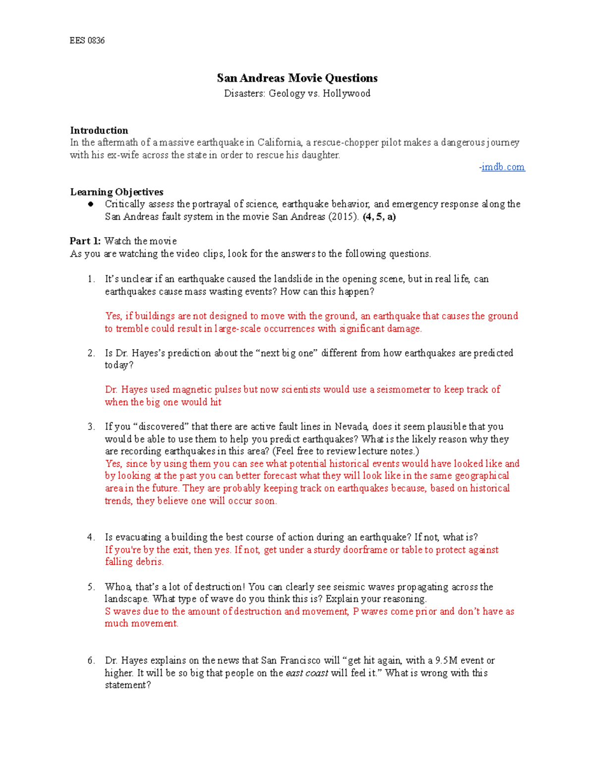 MQ San Andreas - answer sheet - EES 0836 San Andreas Movie Questions ...