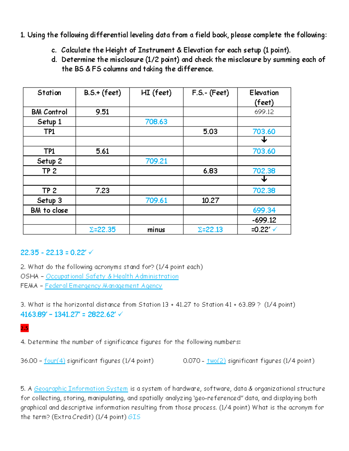 RP key Exam #1 CIVL2010 - Fall2023 - 1. Using the following differential leveling data from a ...
