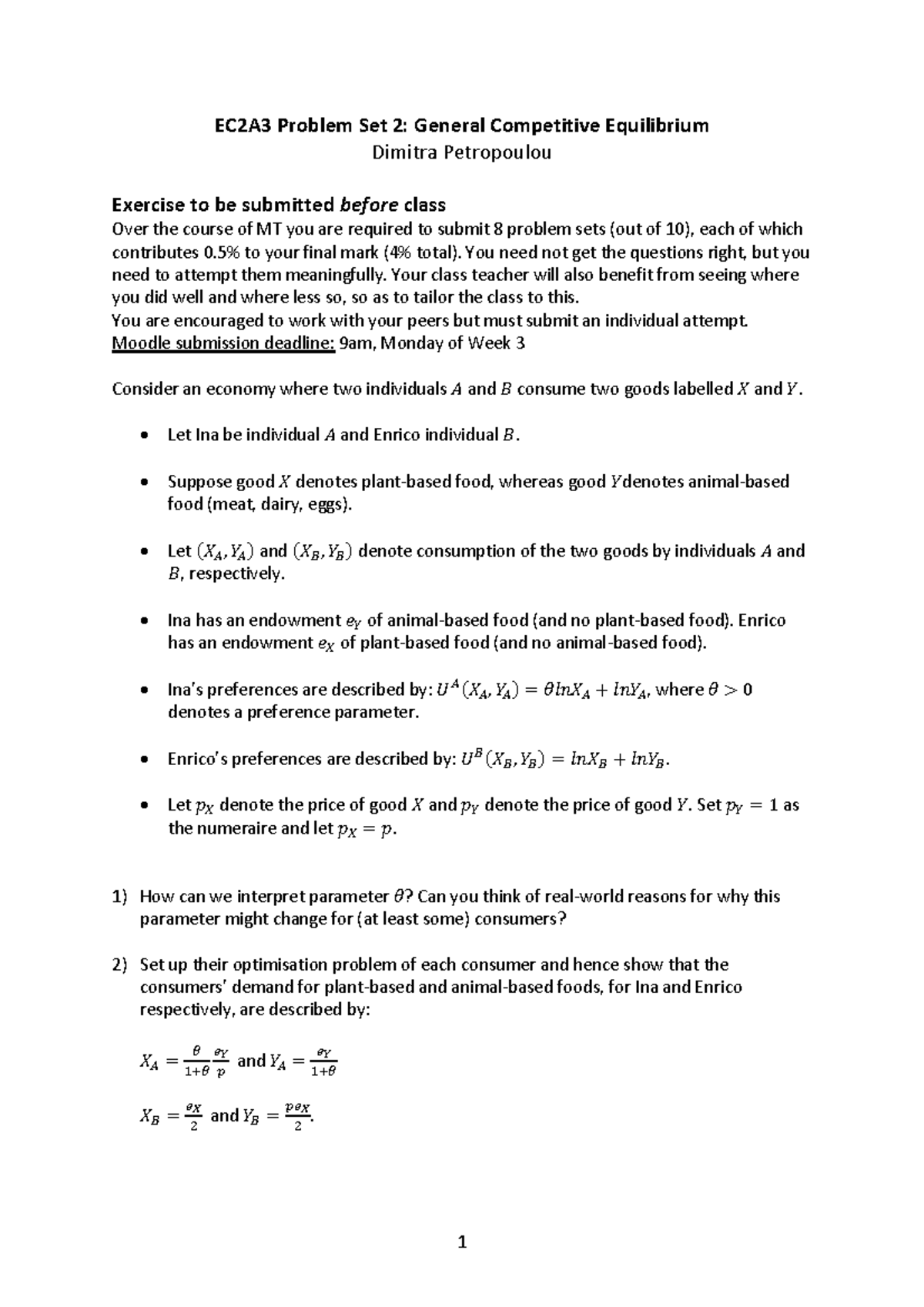 Problem Set 2 - Macro at lse - 1 EC2A3 Problem Set 2 : General Competitive Equilibrium Dimitra ...