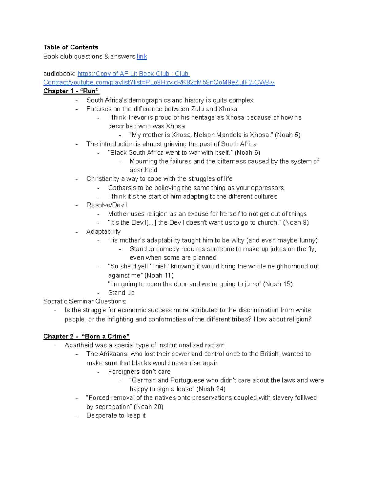 Born a Crime Chapter 1-4 - Table of Contents Book club questions ...