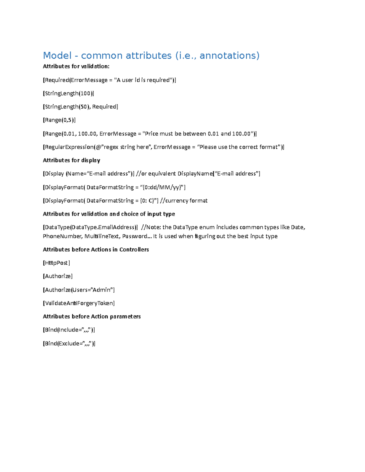 MVC - Syntax sheet - handout - Model - common attributes (i ...