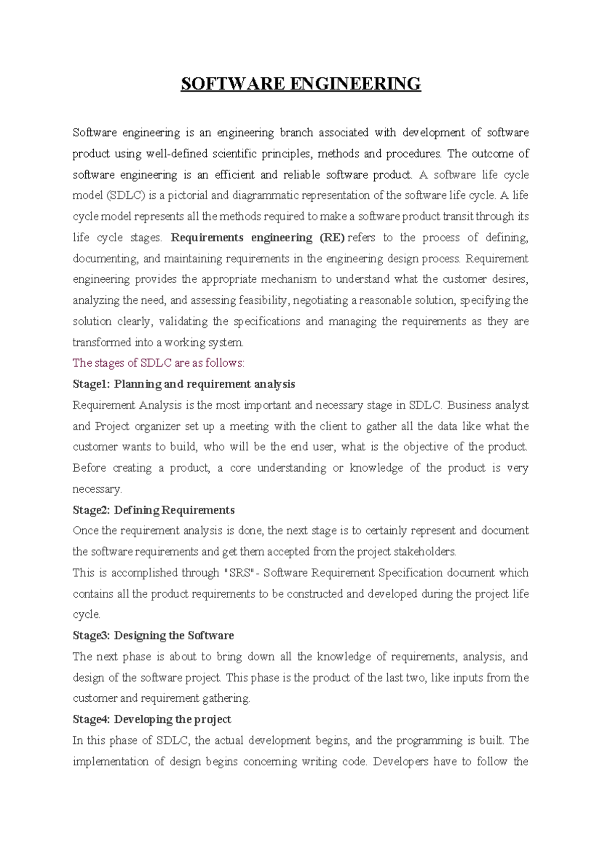 SDLC Notes - SOFTWARE ENGINEERING Software engineering is an ...