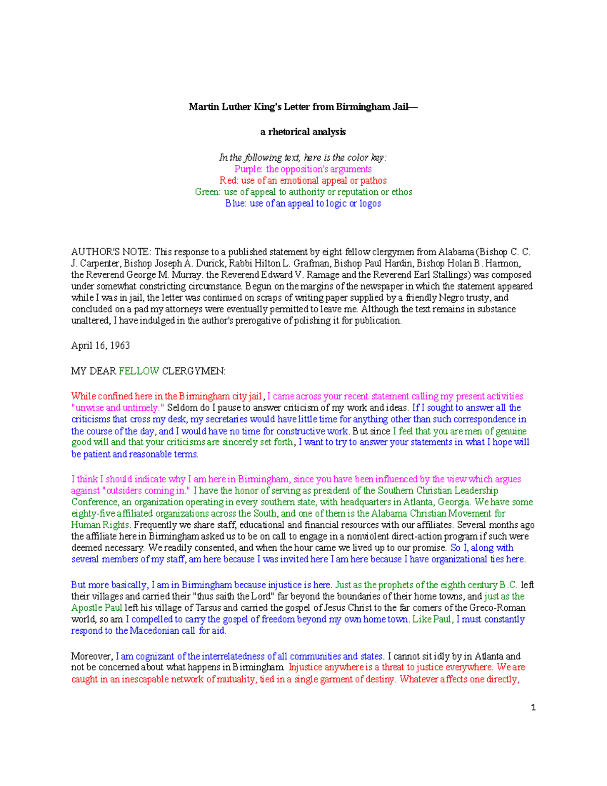 Reading MLK King Birmingham Jail Letter pr - Martin Luther King's ...