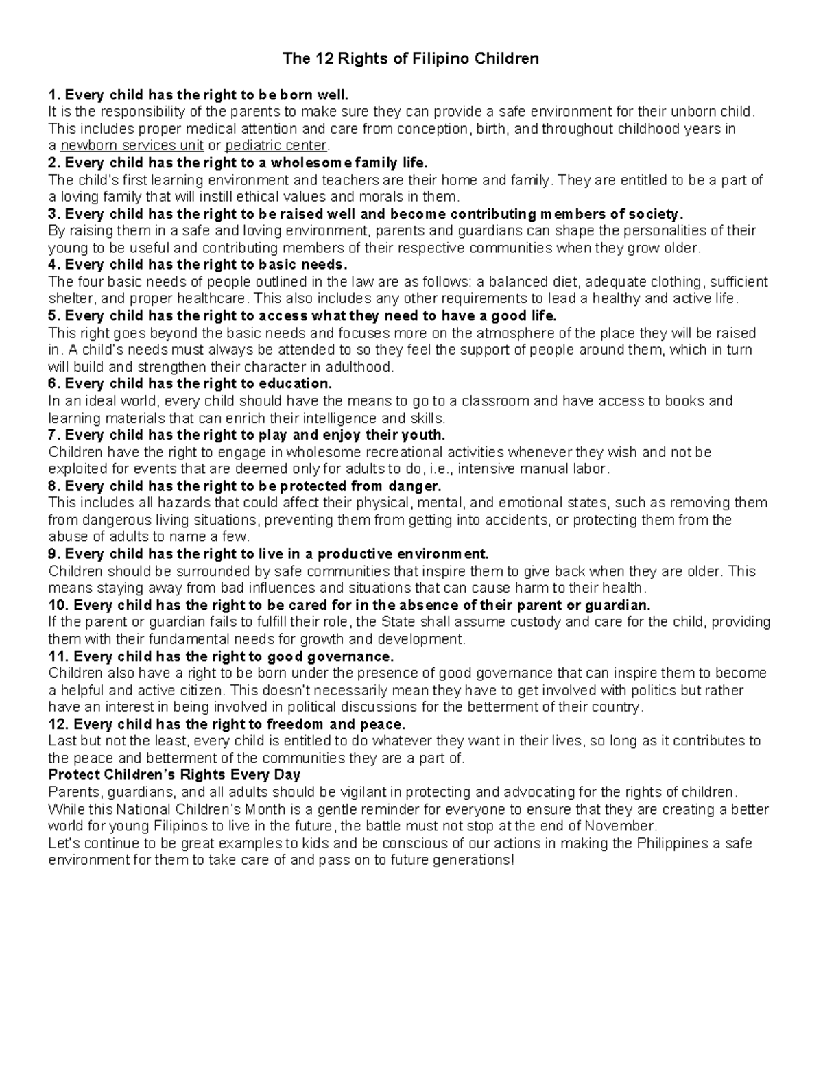 The 12 Rights of Filipino Children - The 12 Rights of Filipino Children ...