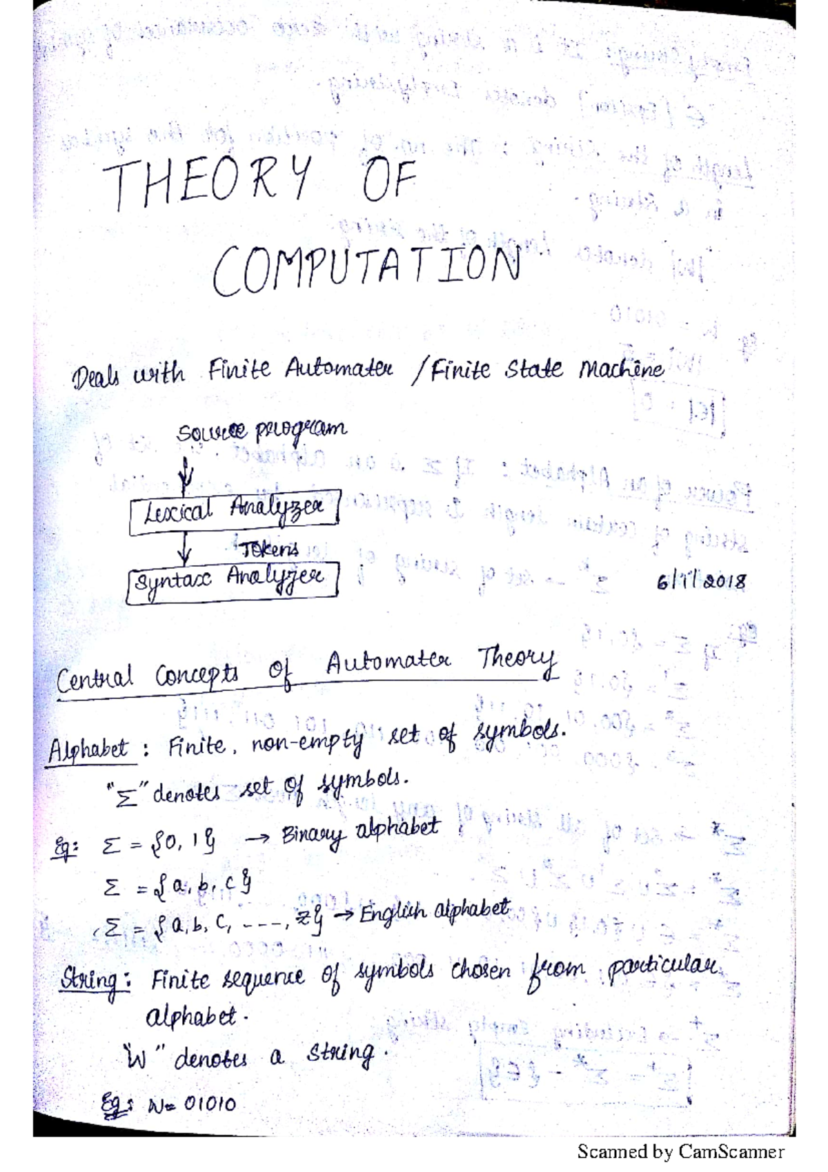 Test 1 and 2 notes - THEORY OF COMPUTATION Deals with Finite Automater ...