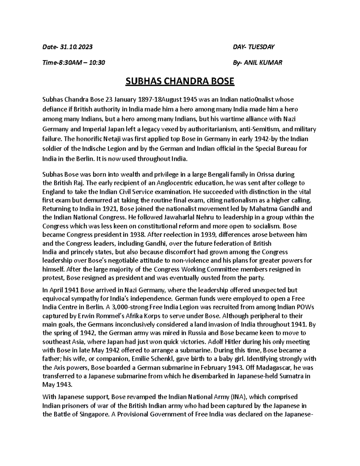 Anil kumar - Date- 31.10 DAY- TUESDAY Time-8:30AM – 10:30 By- ANIL ...