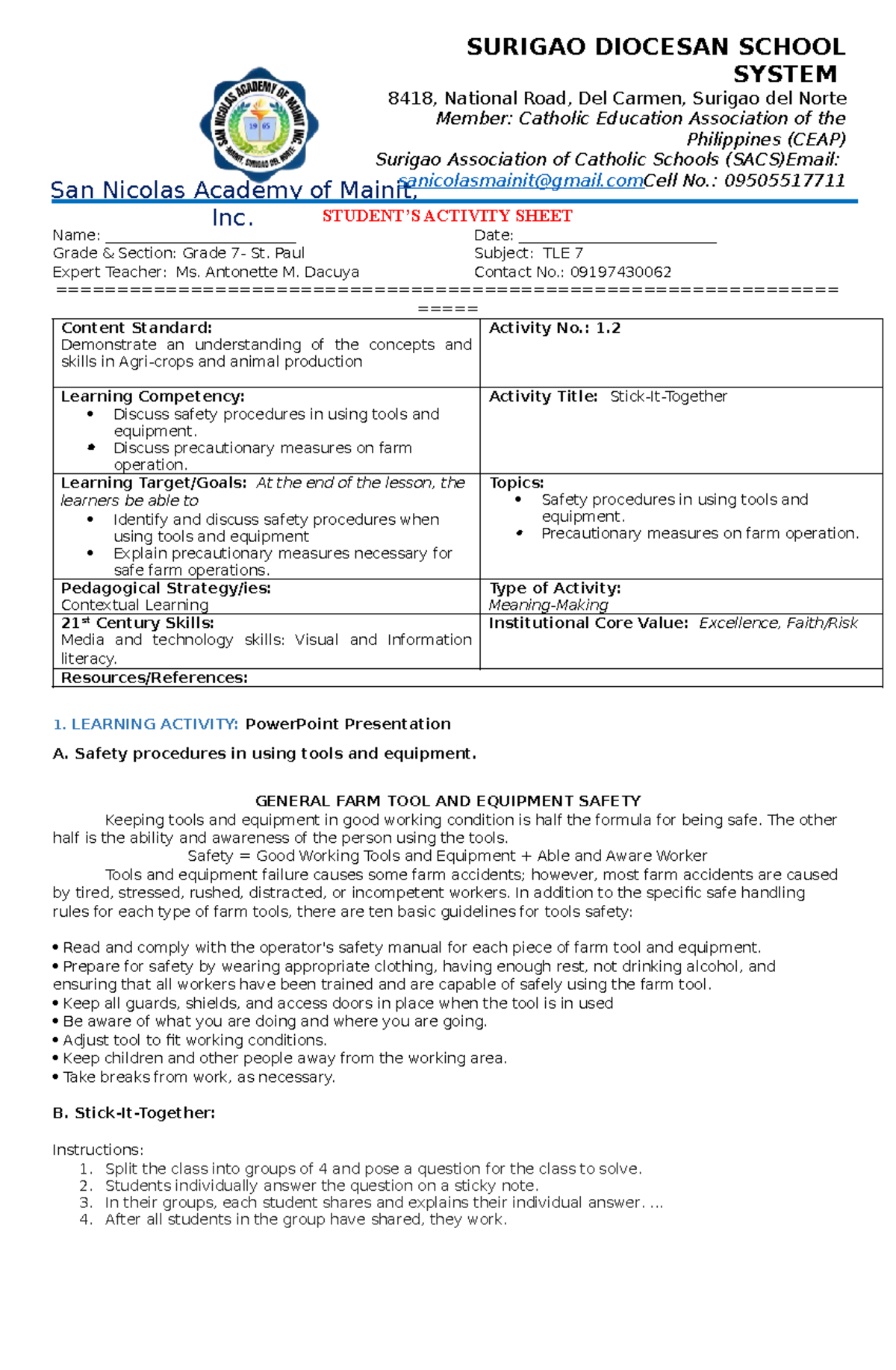 Lesson Plan D 2- Copy - Student Learning Activity - STUDENT’S ACTIVITY ...