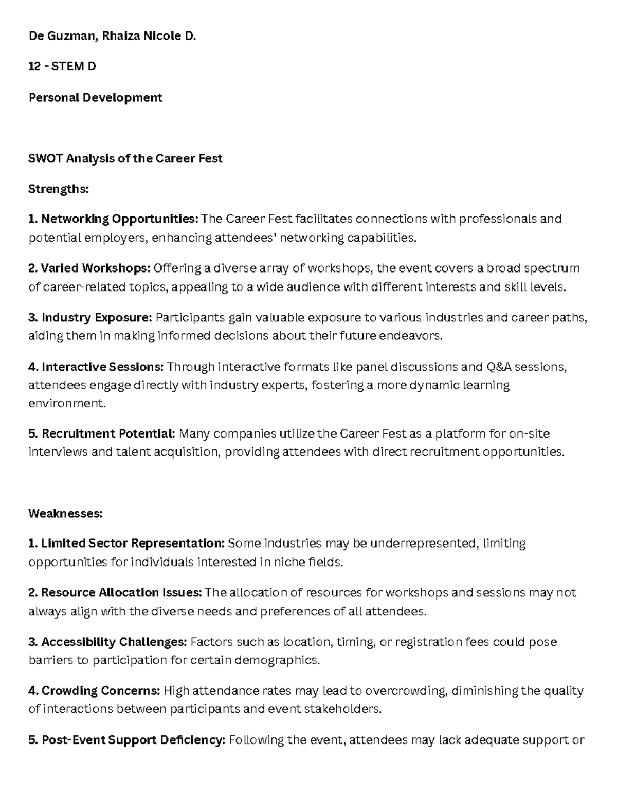 SWOT- Analysis - De Guzman, Rhaiza Nicole D. 12 - STEM D Personal Development SWOT Analysis of ...