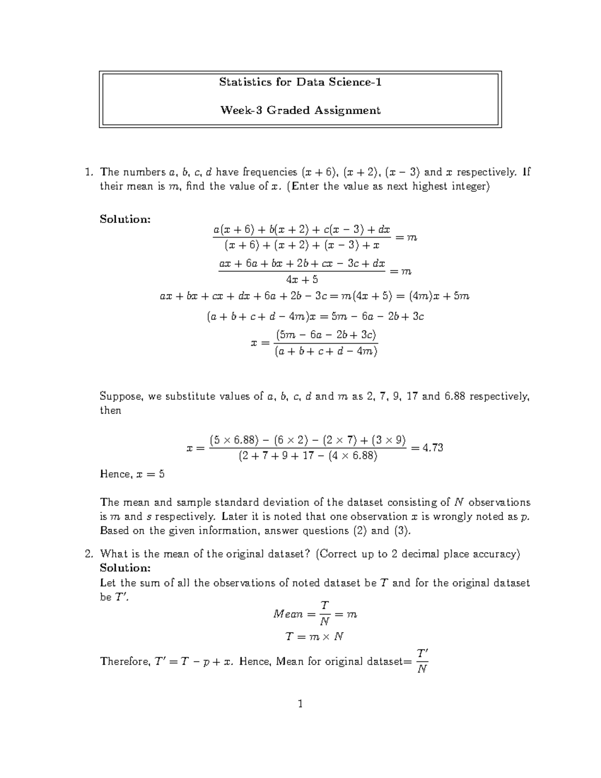 Stats 1 Week 3 GA - Statistics for Data Science- Week-3 Graded Assignment The numbers a, b, c, d ...