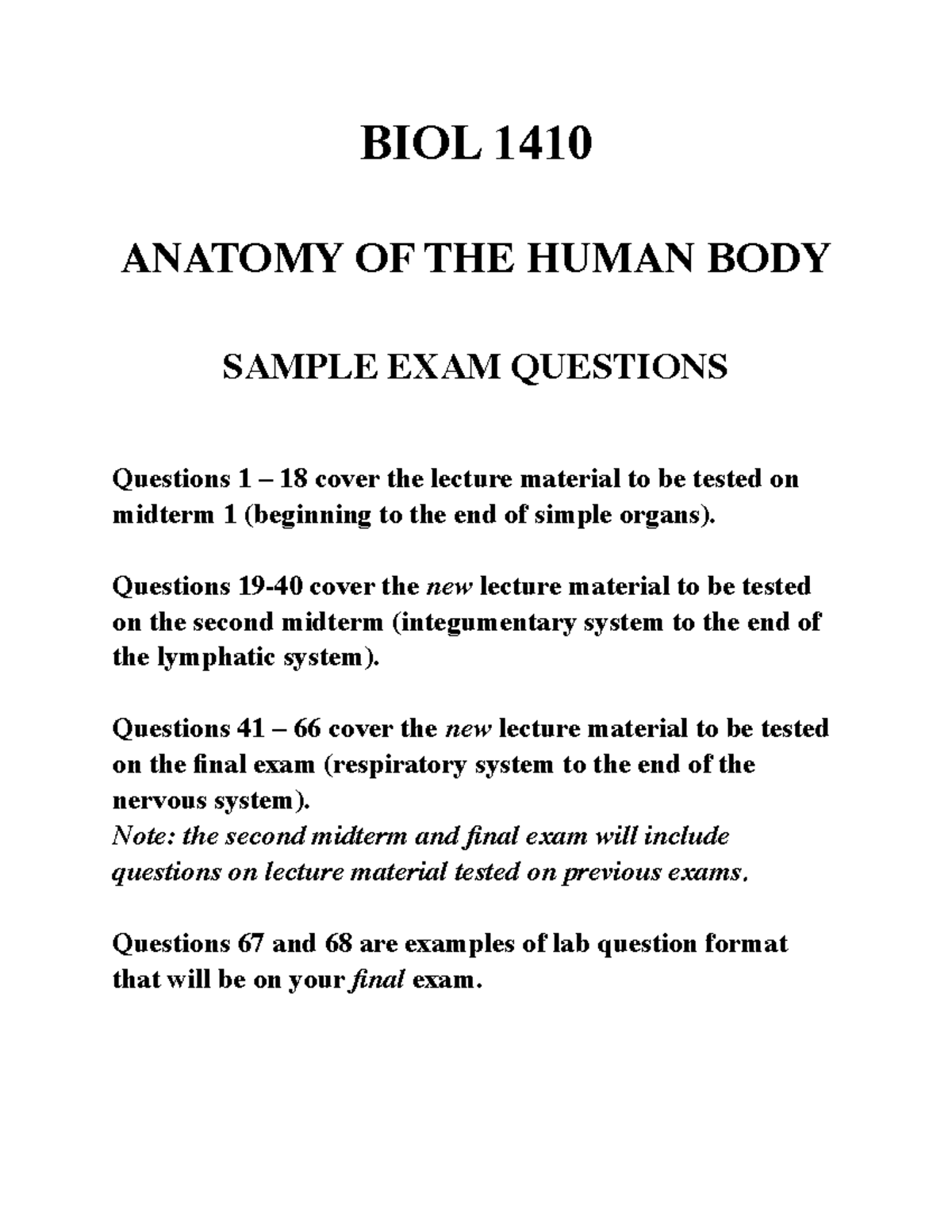 1410 Sample 2022 - BIOL 1410 ANATOMY OF THE HUMAN BODY SAMPLE EXAM ...