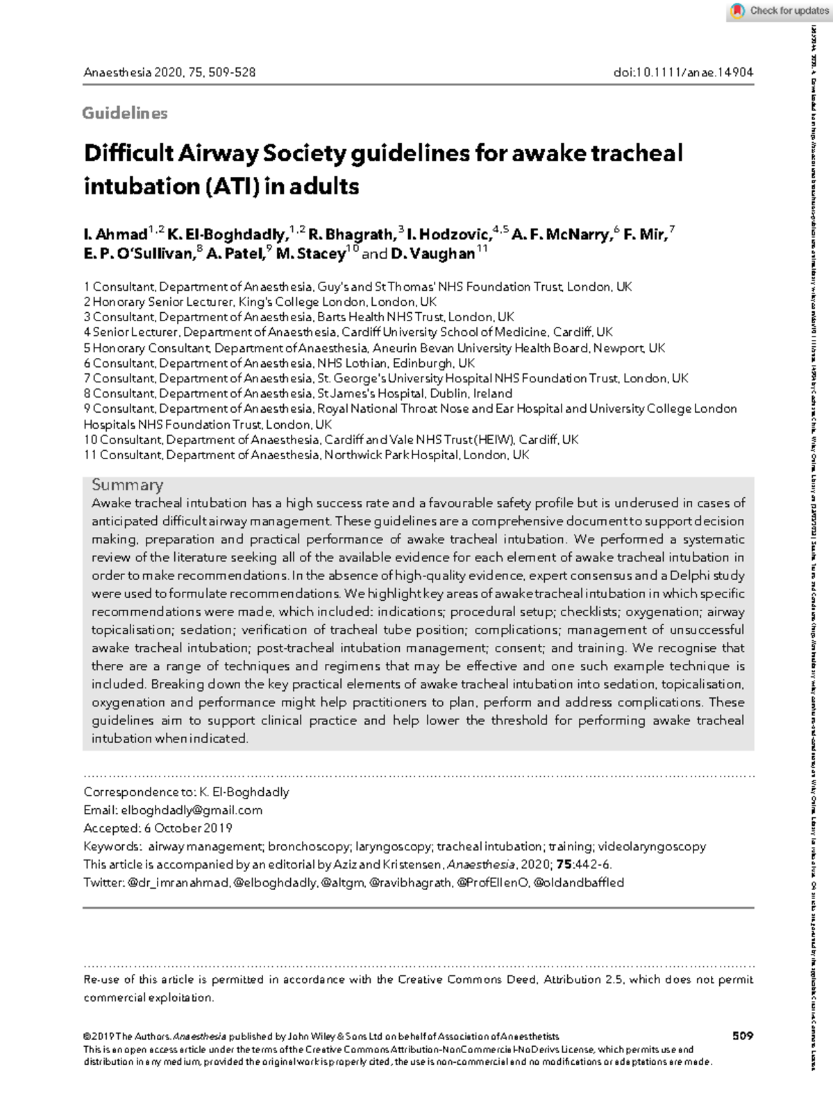 Difficult Airway Society guidelines for awake tracheal intubation (ATI ...