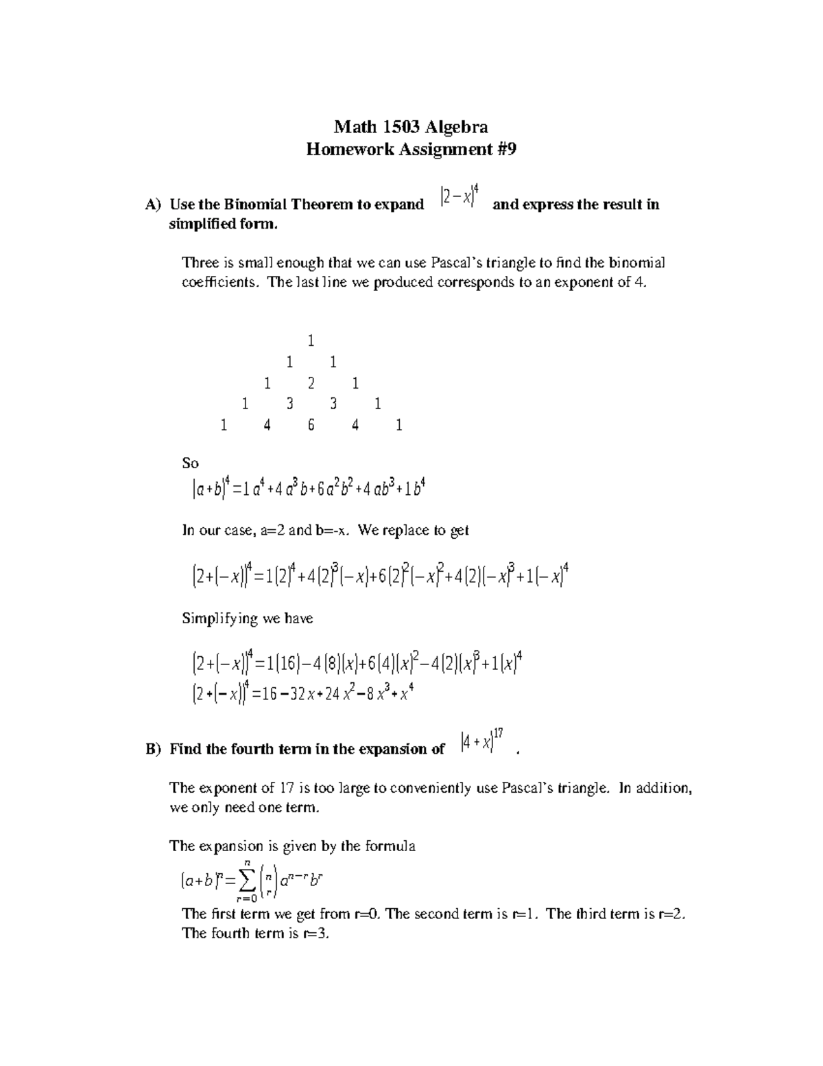 Algebra+HW9+Solutions - Math 1503 Algebra Homework Assignment #9 A) Use ...