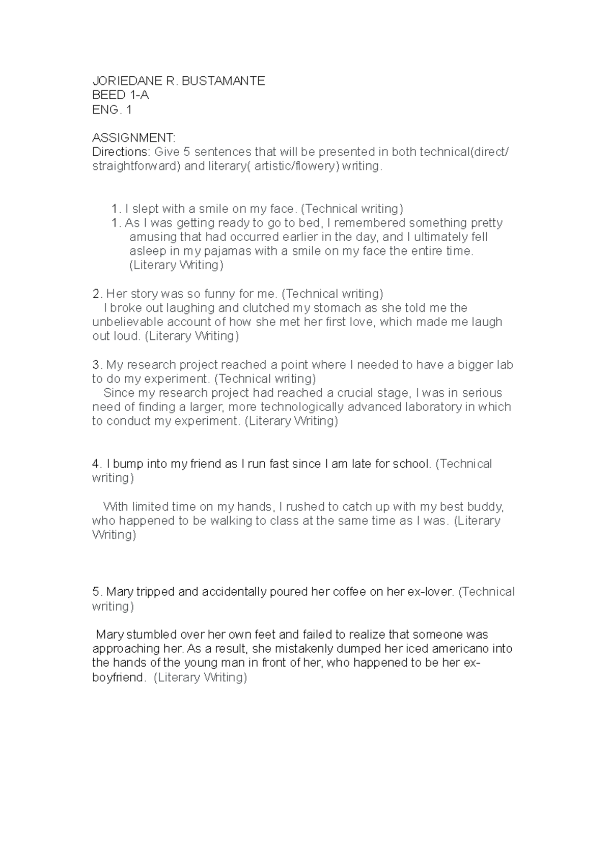 English 1 Assignment#1 - JORIEDANE R. BUSTAMANTE BEED 1-A ENG. 1 ...