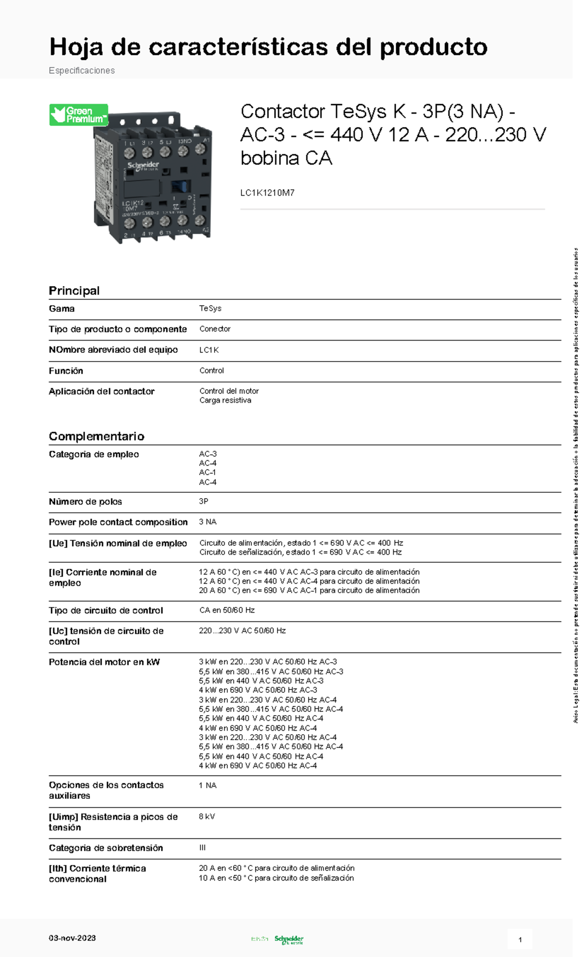 Te Sys K contactors LC1K1210M7 - Hoja de características del producto ...