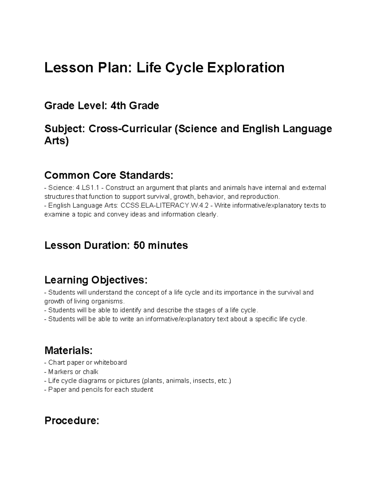 Lesson Plan Life Cycle Exploration - LS1 - Construct an argument that ...