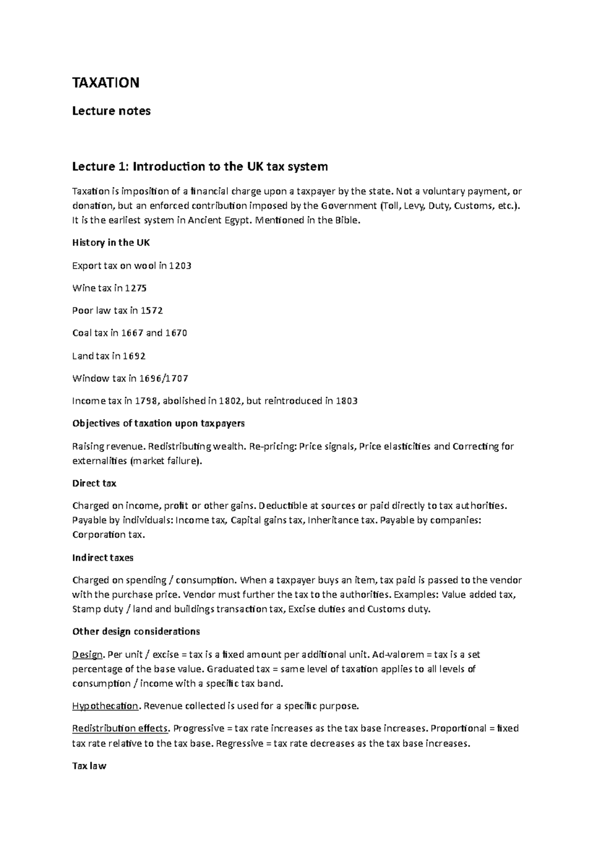 Taxation lectures - TAXATION Lecture notes Lecture 1: Introduction to ...