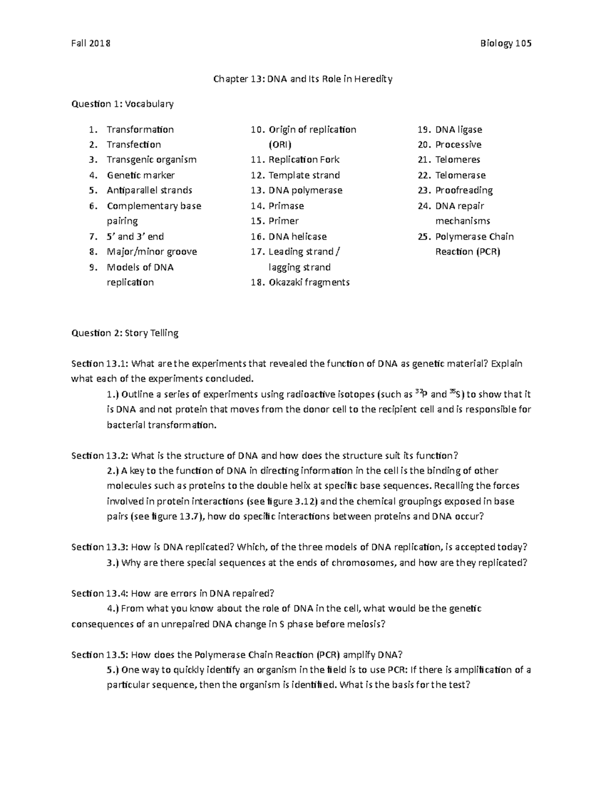 Chapter 13 Study Questions V1 - Fall 2018 Biology 105 Chapter 13: DNA ...