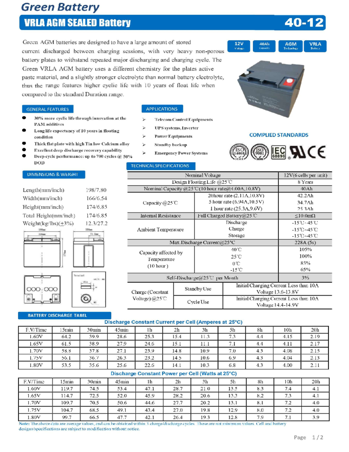 Green Battery 40-12 Data Sheet - Green Battery VRLA AGM SEALED Battery ...