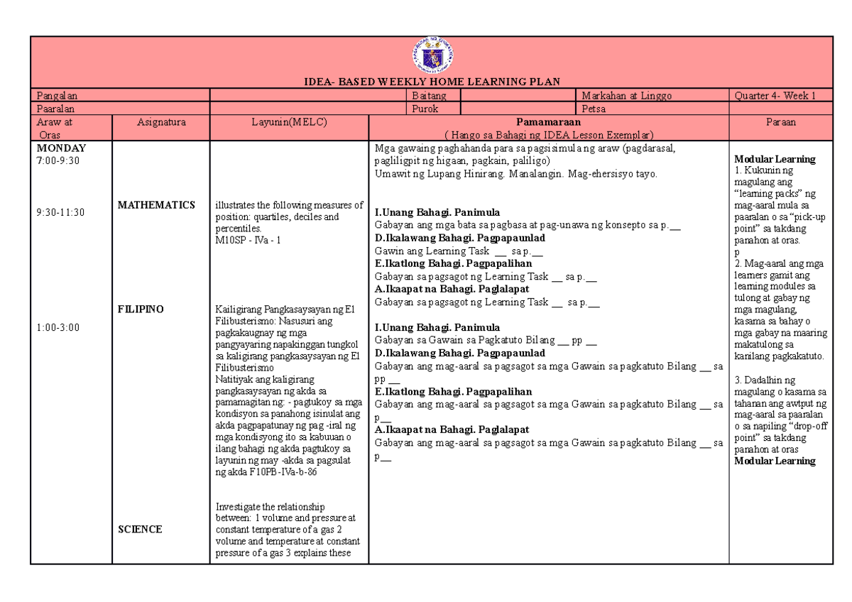 WHLP GR10 Q4 w1 for Grade 10 Filipino Panitikan - I IDEA- BASED WEEKLY ...