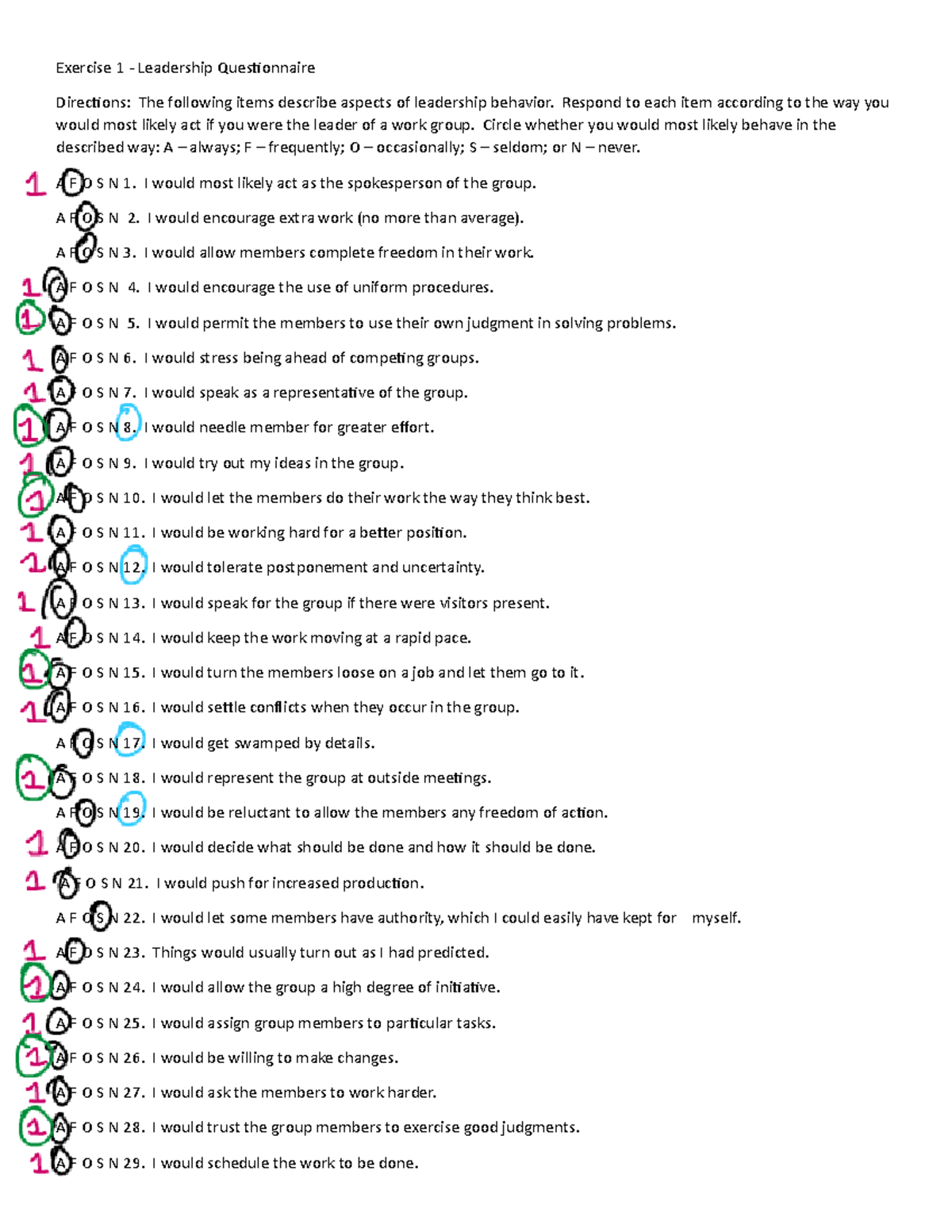 Leadership Questionnaire(1) - Exercise 1 - Leadership Questionnaire ...