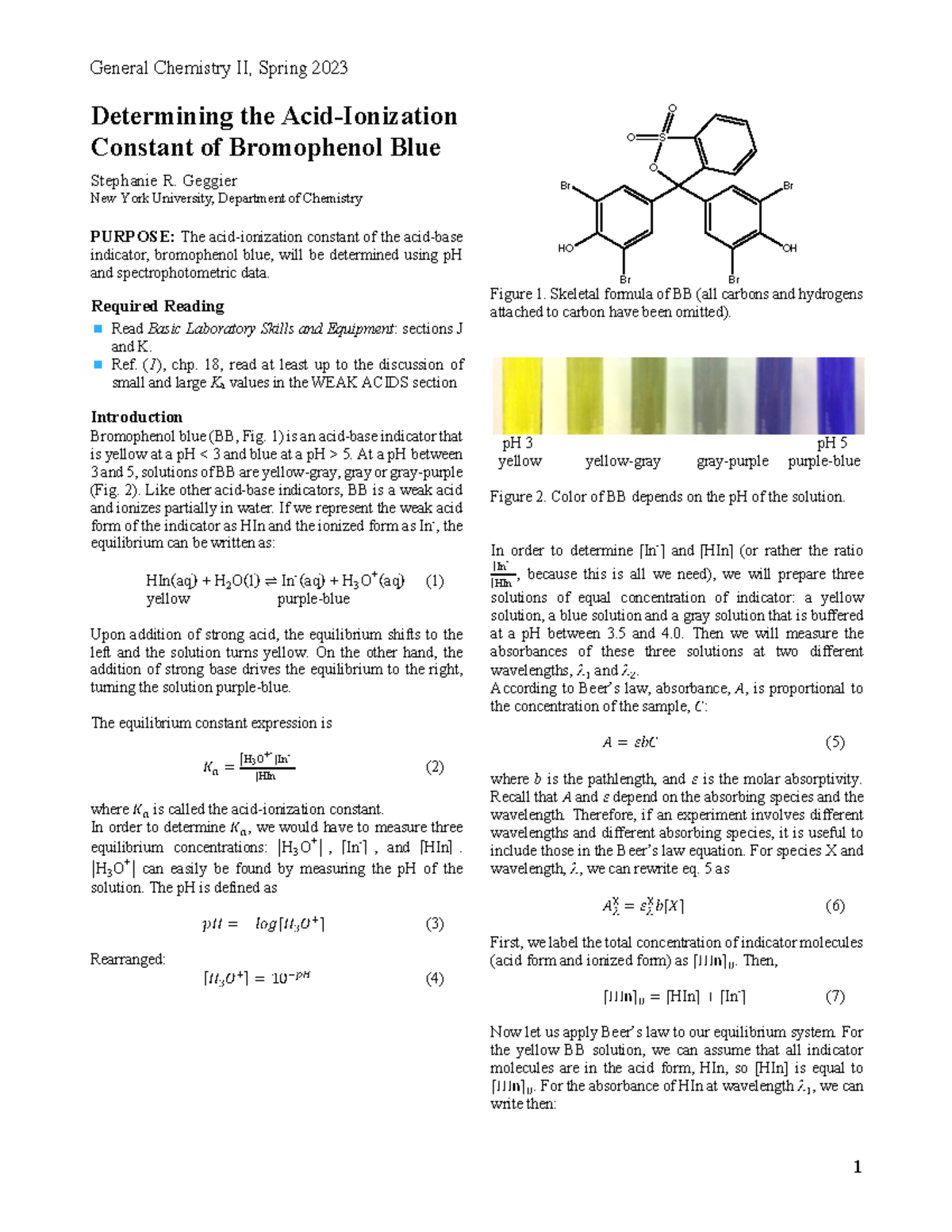 Determining Ka for Bromophenol Blue Sp23 - Determining the Acid ...