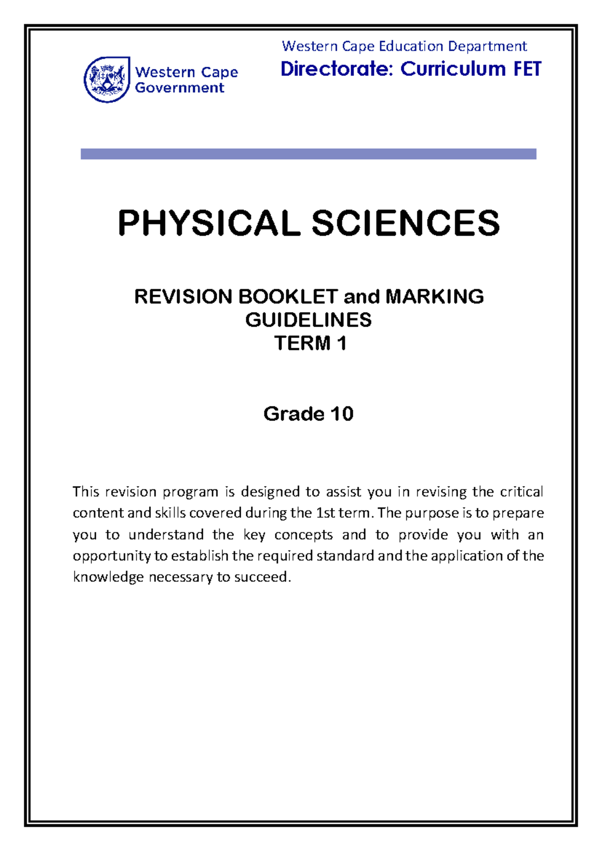 Physical Sciences Grade 10 Term 1 Revision - Western Cape Education ...