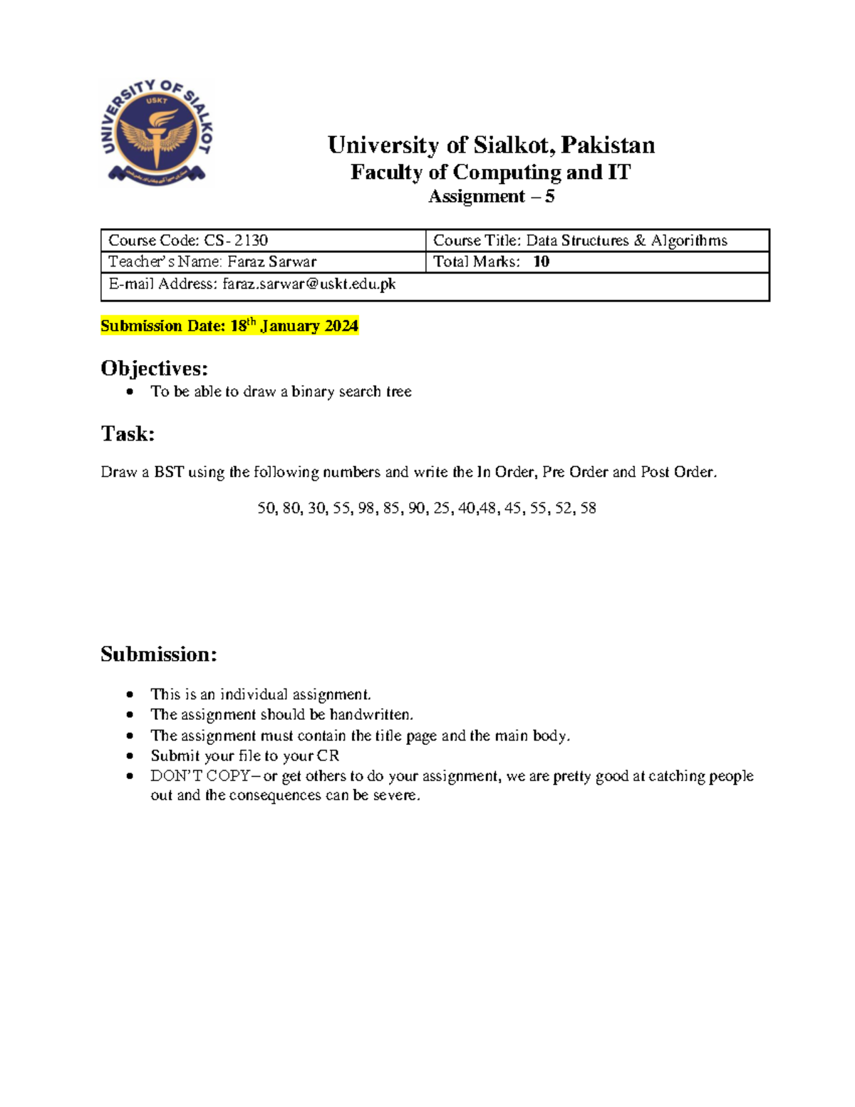 Assignment 5 Data Structures & Algorithms - University of Sialkot ...