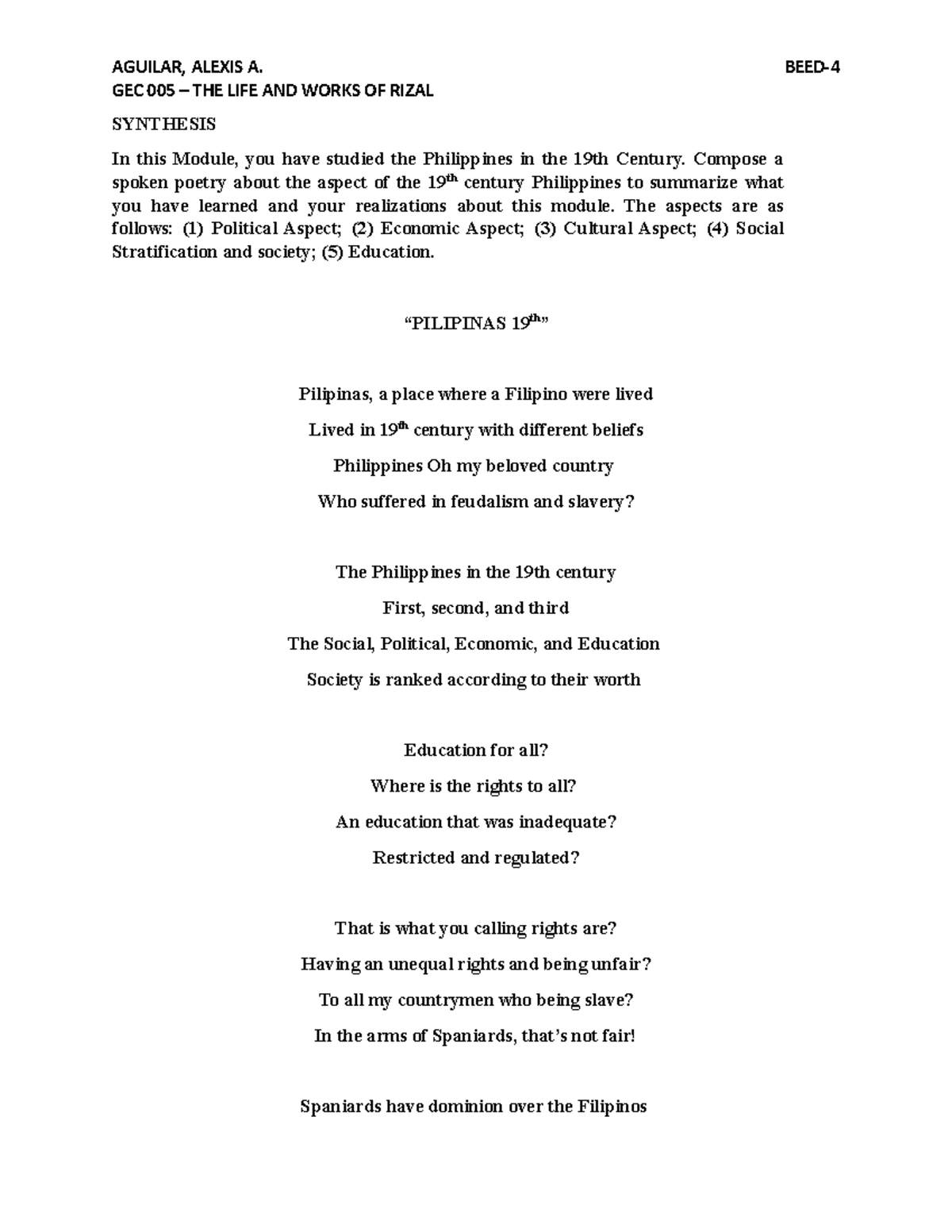 Synthesis - Module 3 Reading in the Philippine History - AGUILAR ...