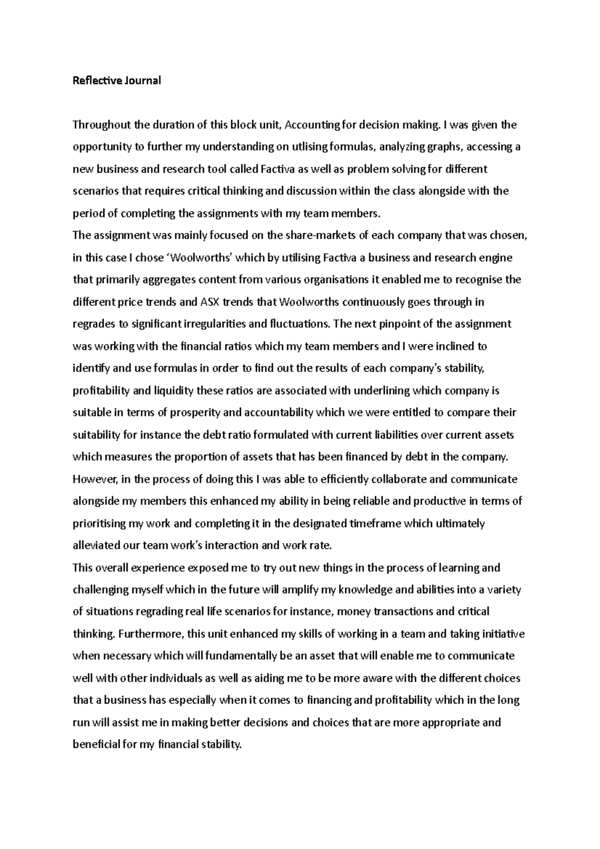 Reflective Journal - Grade: HD - Reflective Journal Throughout the ...