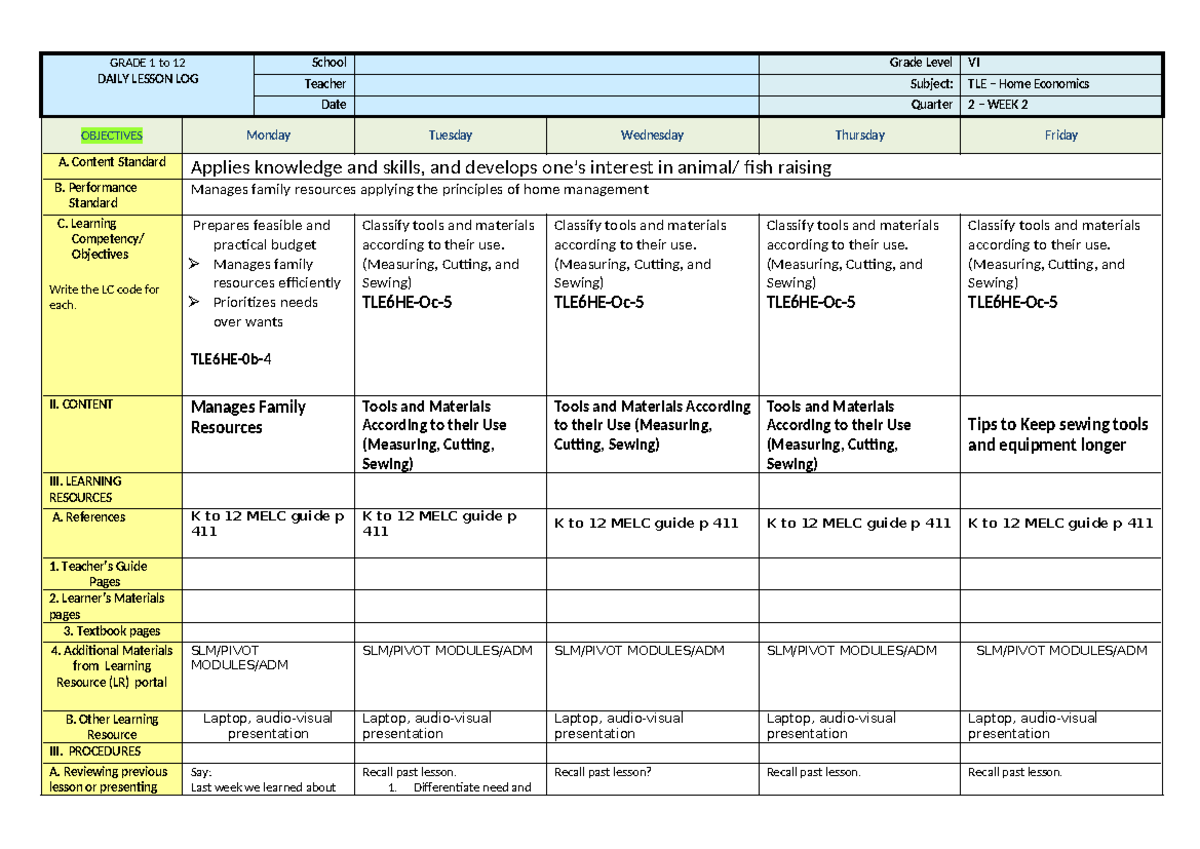 WEEK2-dll-TLE -HE - Education - GRADE 1 to 12 DAILY LESSON LOG School ...
