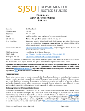 FS 167 Forensic Molecular Biology Syllabus - San José State University ...