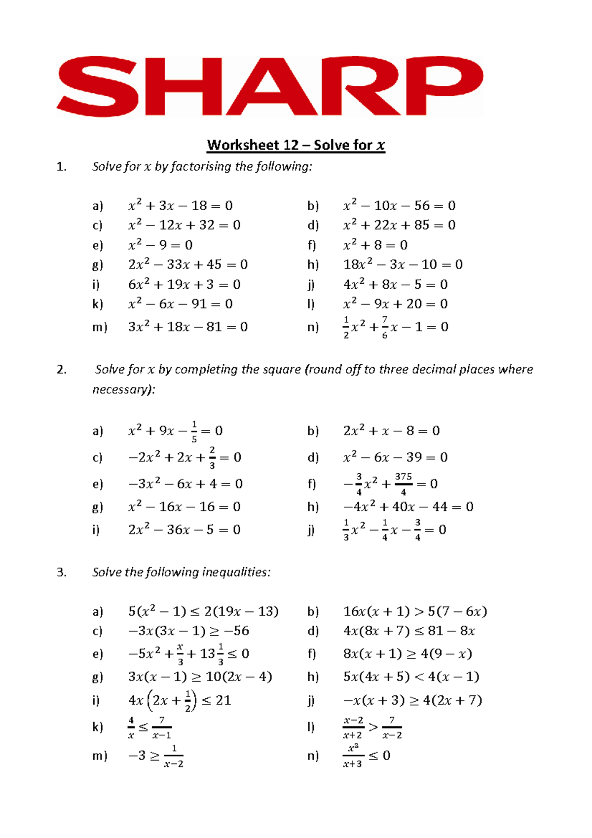Worksheet 12 - Solve x - math - Worksheet 12 – Solve for 1. Solve for ...