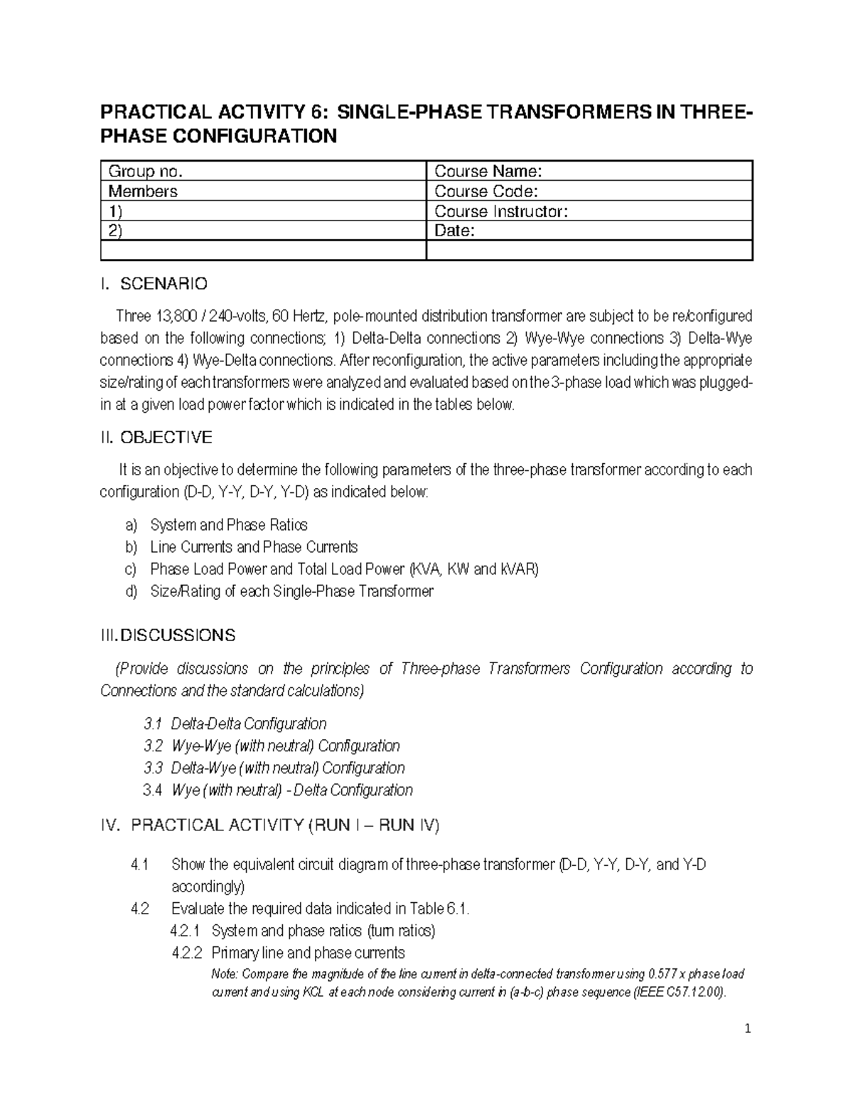 Practical Activity 6 - Three- Phase Transformer Configurations - PRACTICAL ACTIVITY 6: SINGLE ...