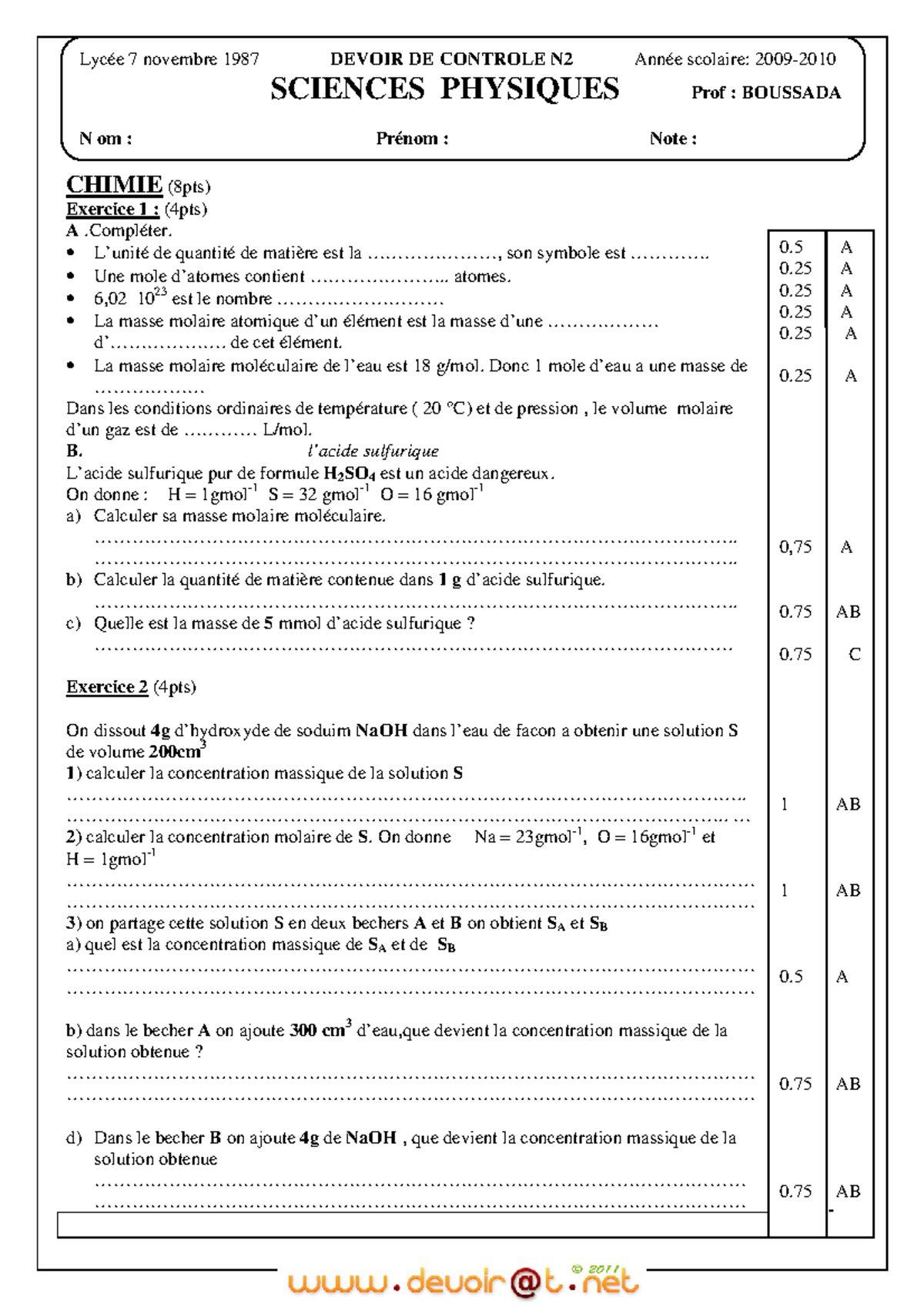 Devoir de Contrôle N°2 - Sciences physiques - 1ère AS (2010-2011 ) Mme liala 1 - CHIMIE (8pts ...