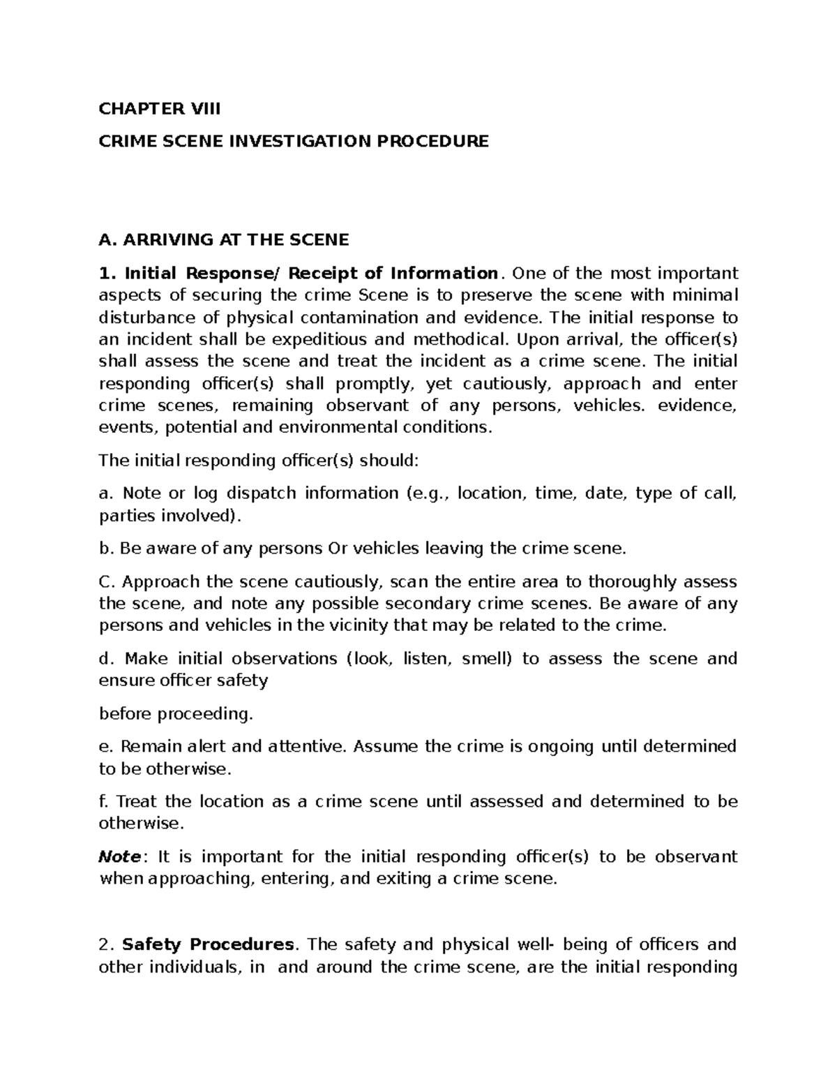 Crime scene - Give me - CHAPTER VIII CRIME SCENE INVESTIGATION PROCEDURE A. ARRIVING AT THE ...
