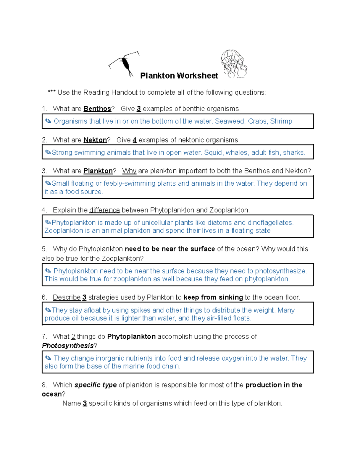 Copy of Lifestyle Worksheet - Plankton Worksheet *** Use the Reading ...