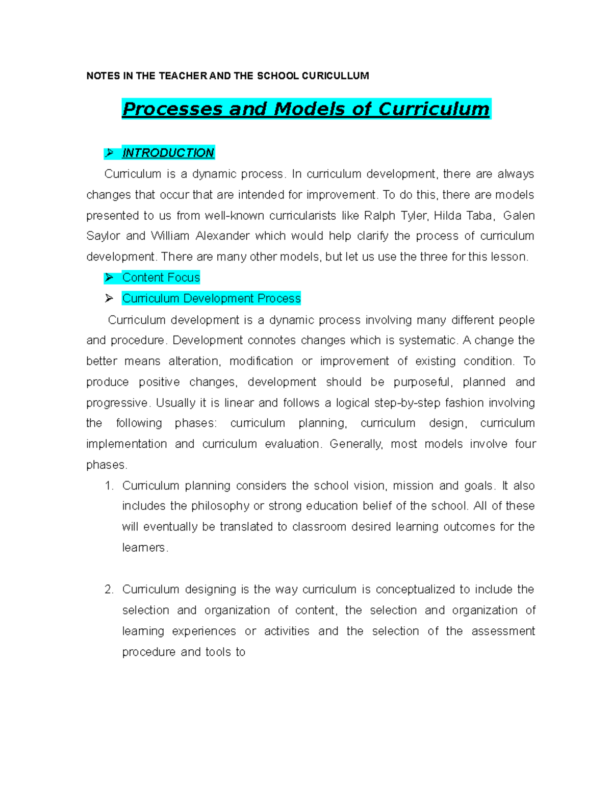 Processes and Models of Curriculum - NOTES IN THE TEACHER AND THE ...