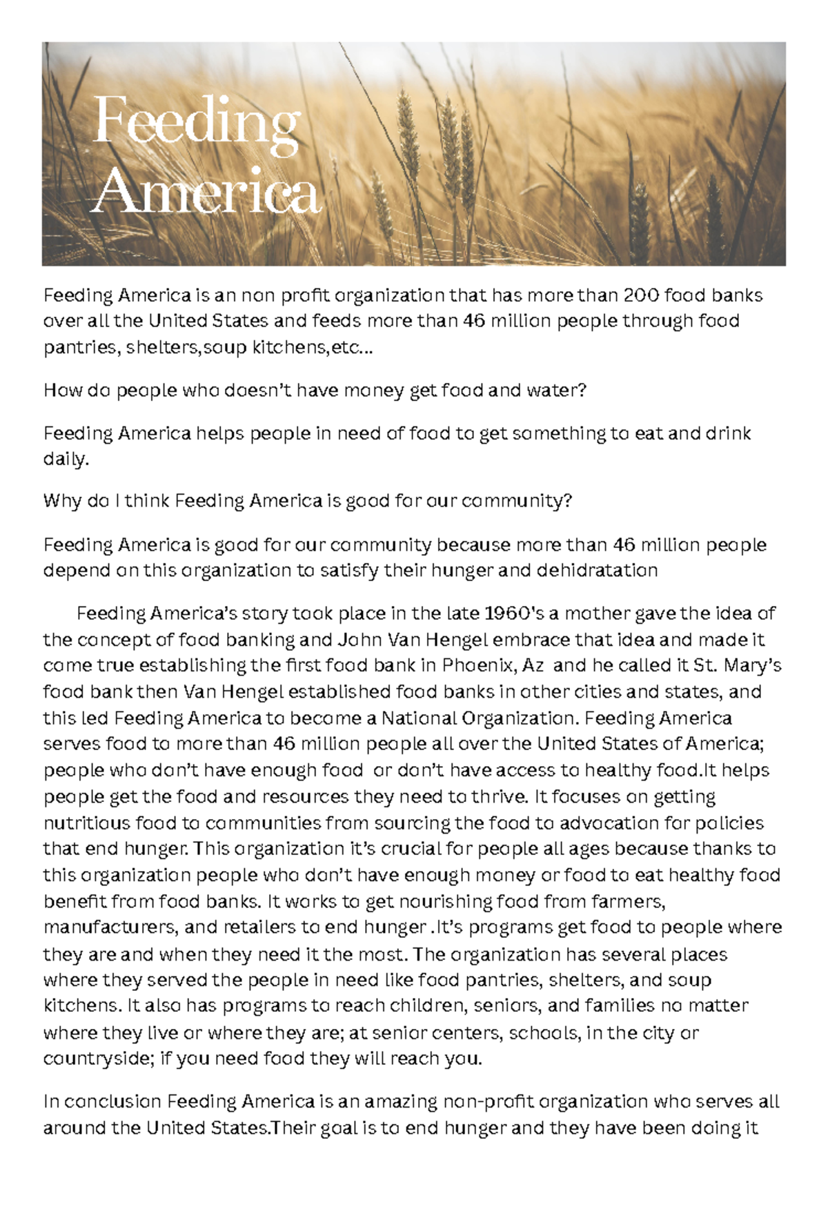 Essay for english - Feeding America is an non profit organization that ...