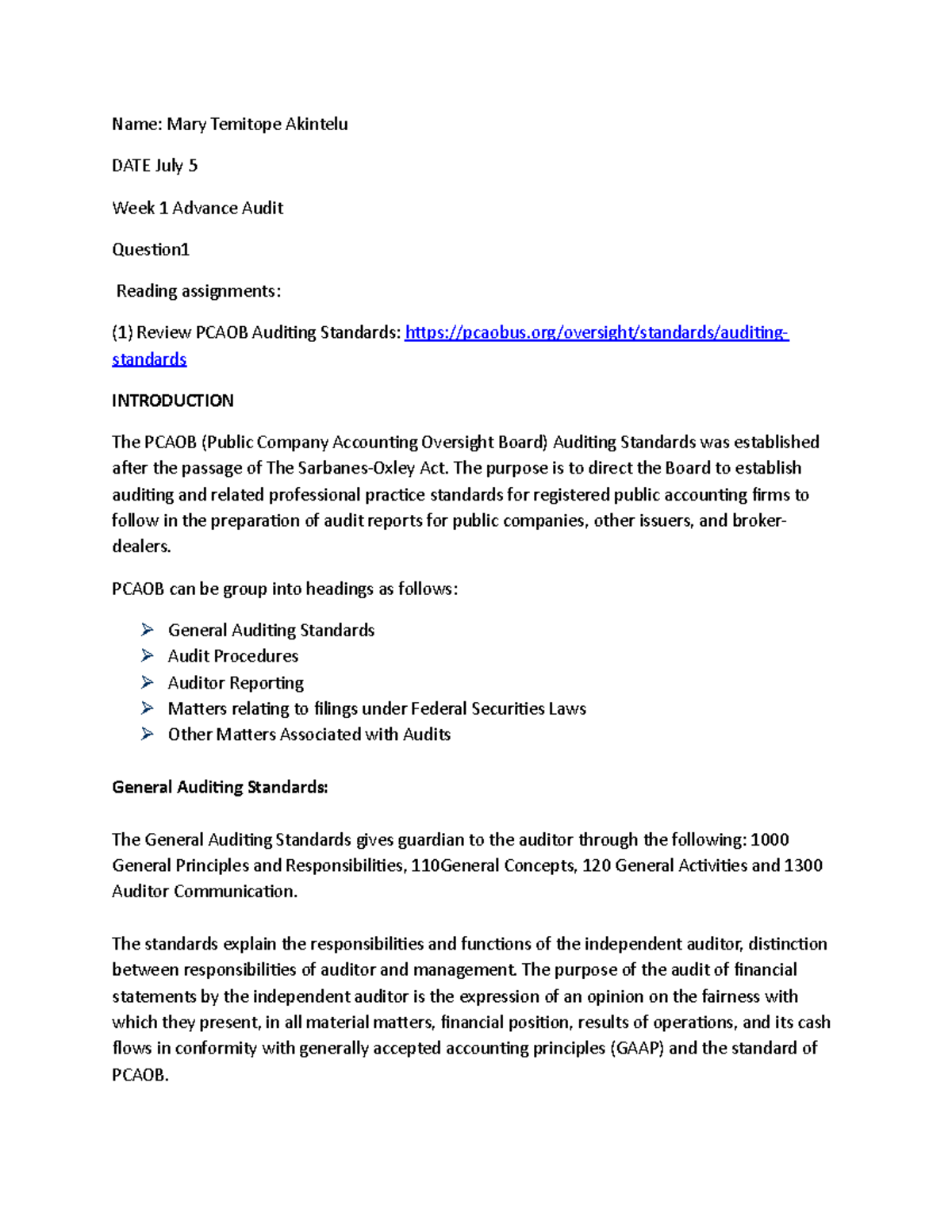 Week 1 auditing principle week 1 assignment - DATE July 5 Week 1 Advance Audit Question Reading ...