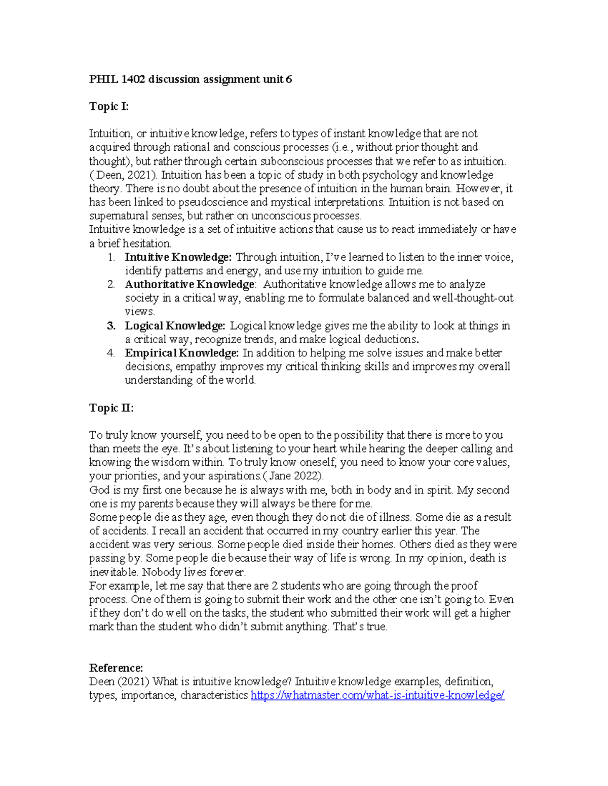 PHIL 1402 discussion assignment unit 6 - PHIL 1402 discussion assignment unit 6 Topic I ...