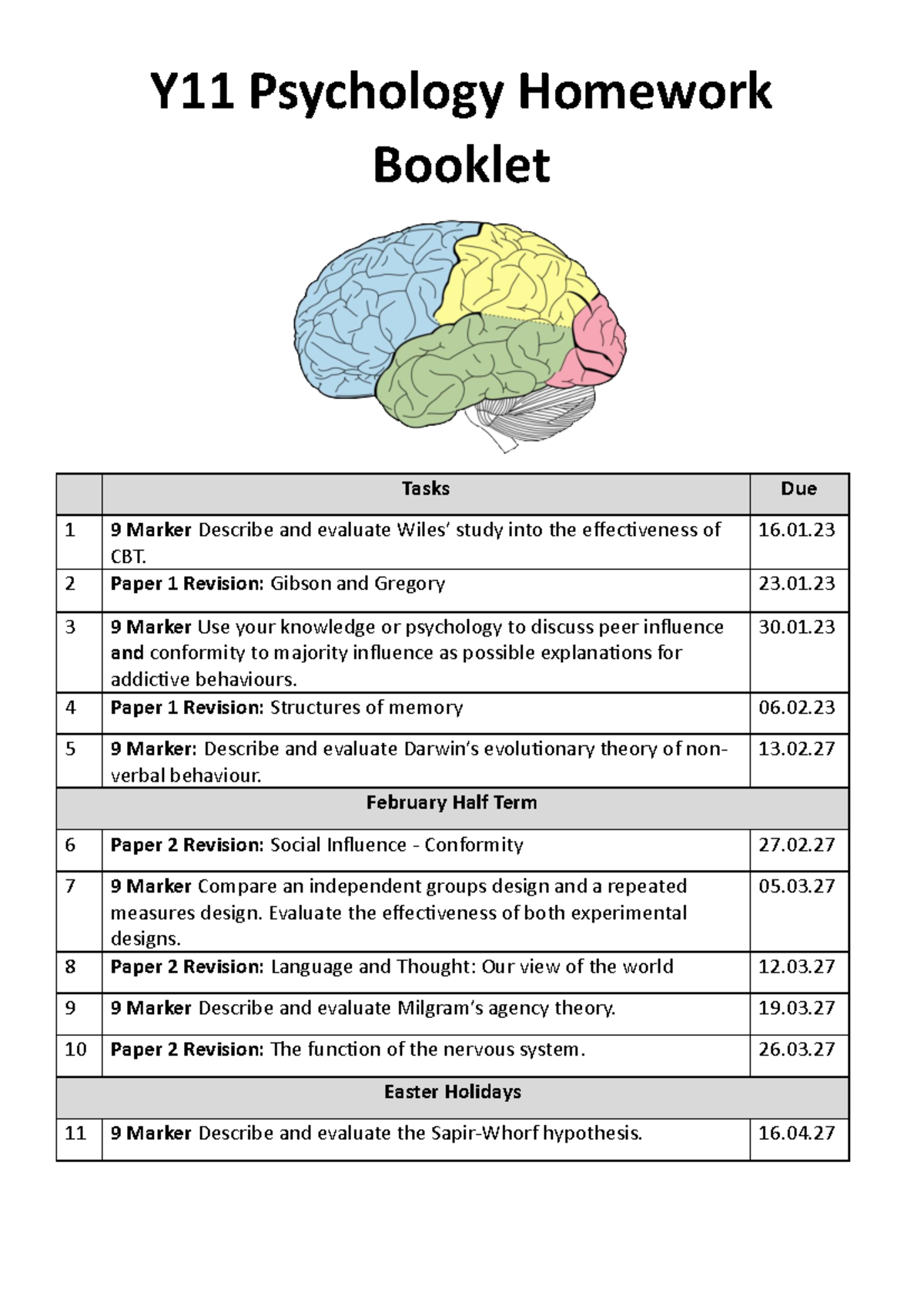 Y11 Psychology Homework Booklet - Y11 Psychology Homework Booklet Tasks ...