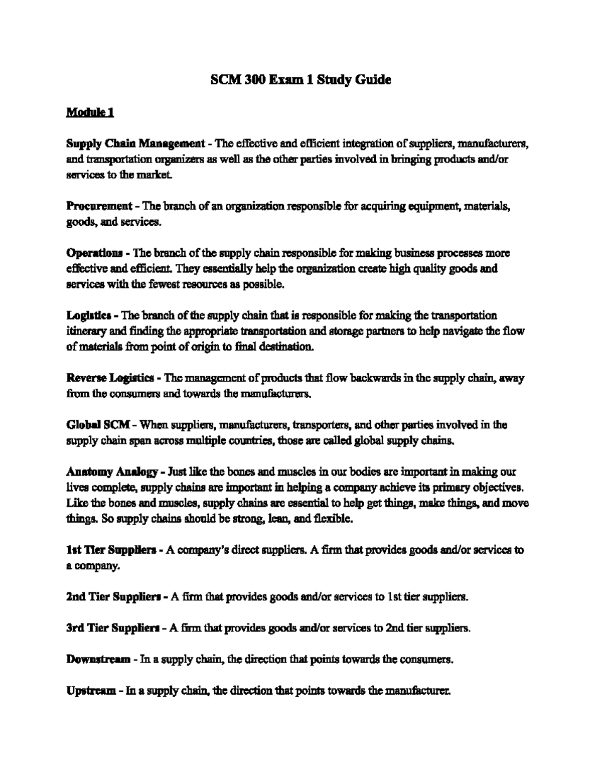 SCM Basic Terminology - SCM 300 Exam 1 Study Guide Module 1 Supply ...