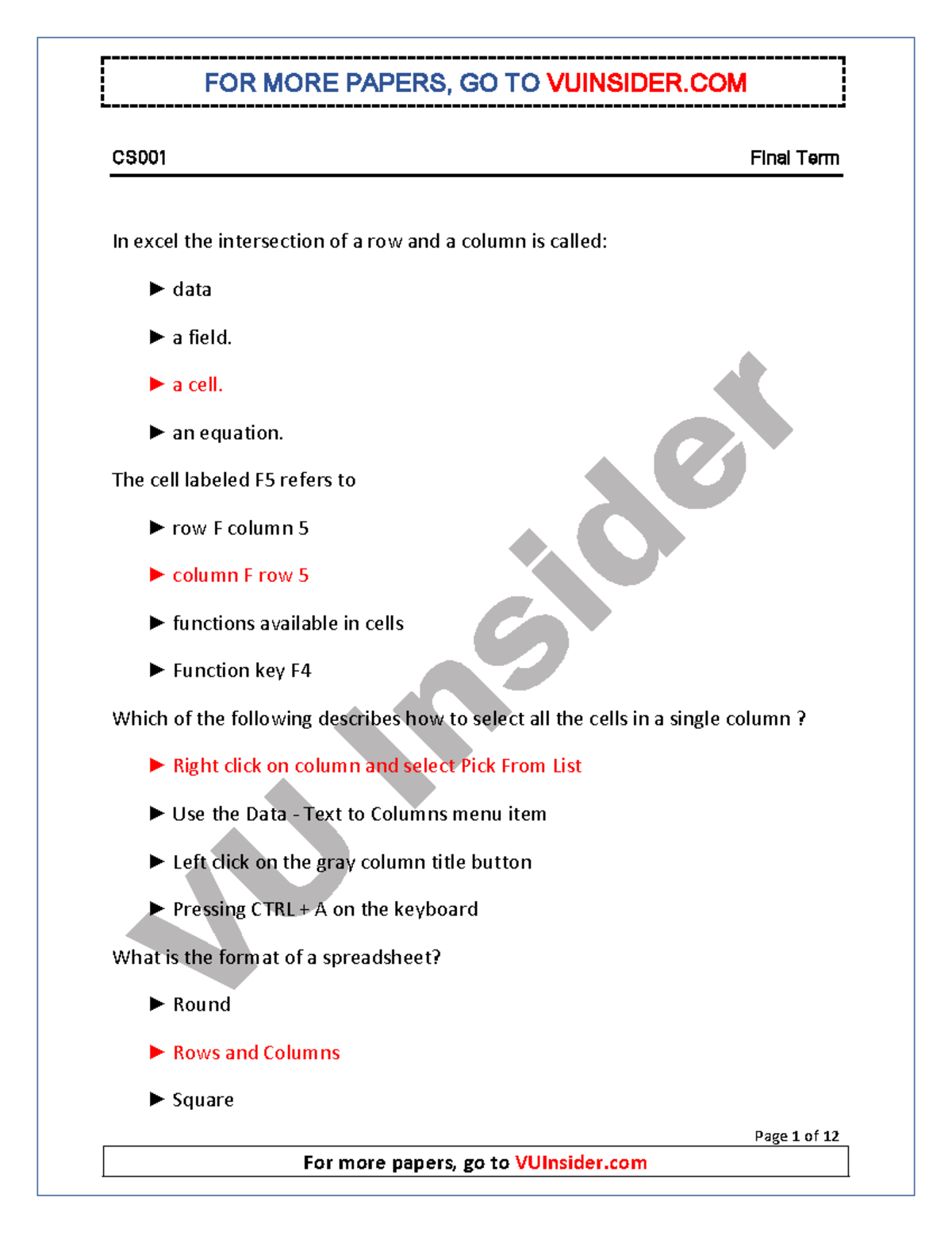 CS001 Final Term Past Paper 1 - CS0 01 Final Term Page 1 of 12 In excel ...