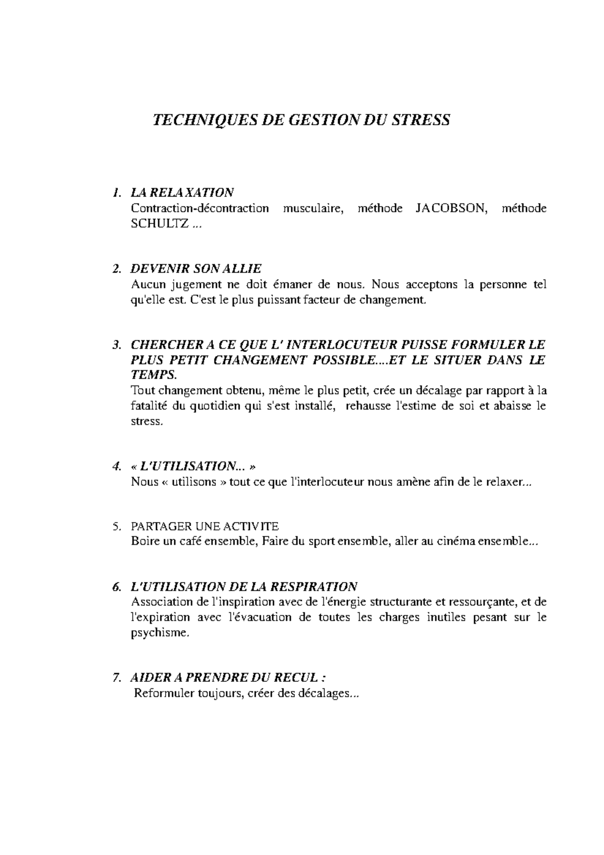 5. Techniques DE Gestion DU Stress - TECHNIQUES DE GESTION DU STRESS 1. LA RELAXATION - Studocu