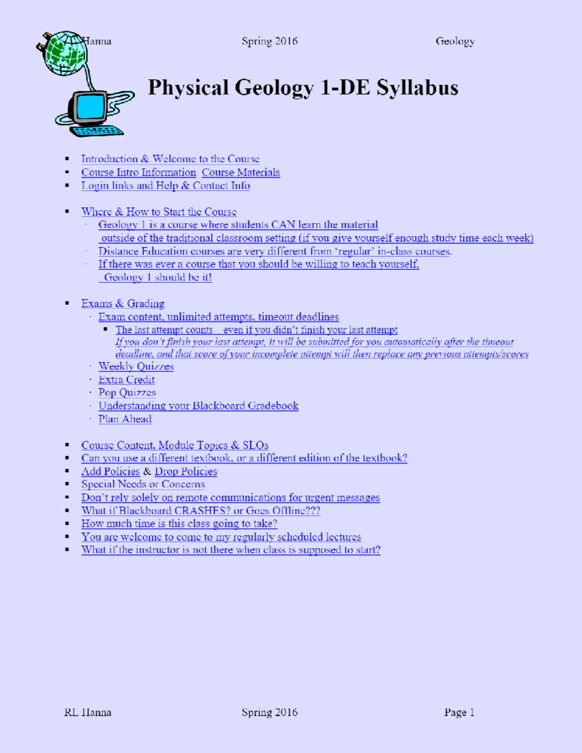 Physical Geology 1-DE Syllabus 1 - GLY 101 - Studocu