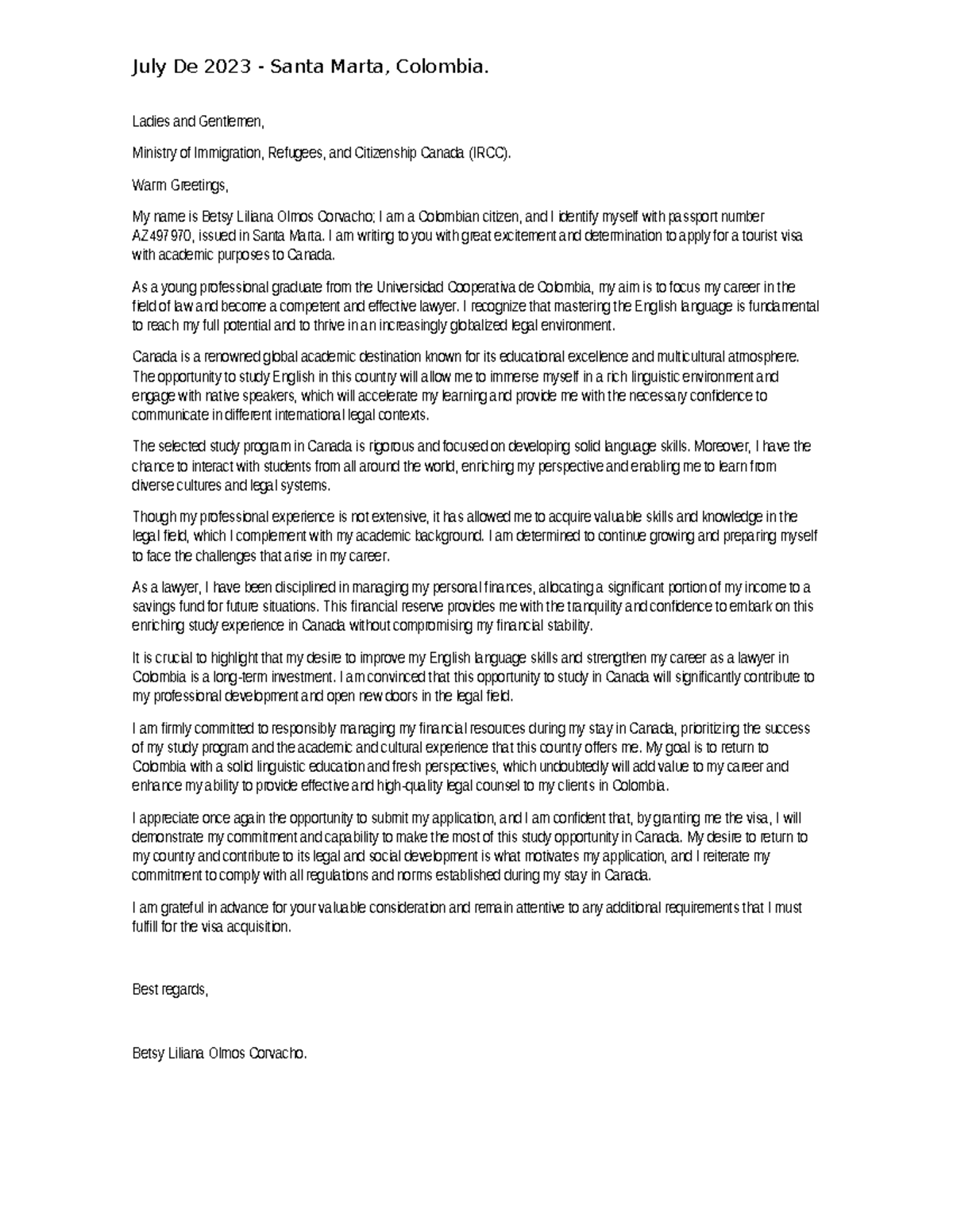 Exposition letter - Betsy Olmos - July De 2023 - Santa Marta, Colombia ...