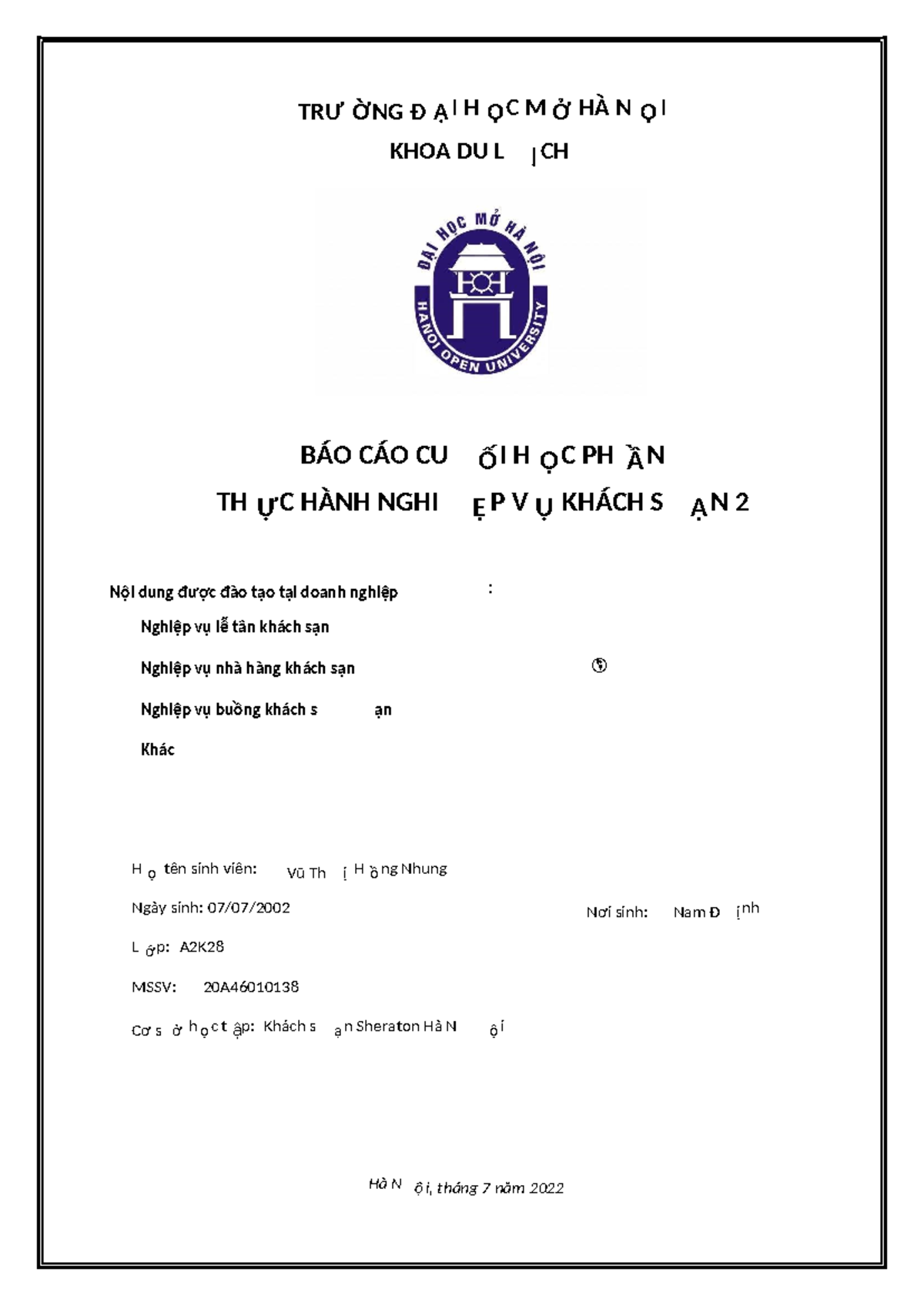 BCCK - No comment - TRƯ ỜNG Đ Ạ I H ỌC M Ở HÀ N ỘI KHOA DU L Ị CH BÁO CÁO CU Ố I H Ọ C PH Ầ N TH ...